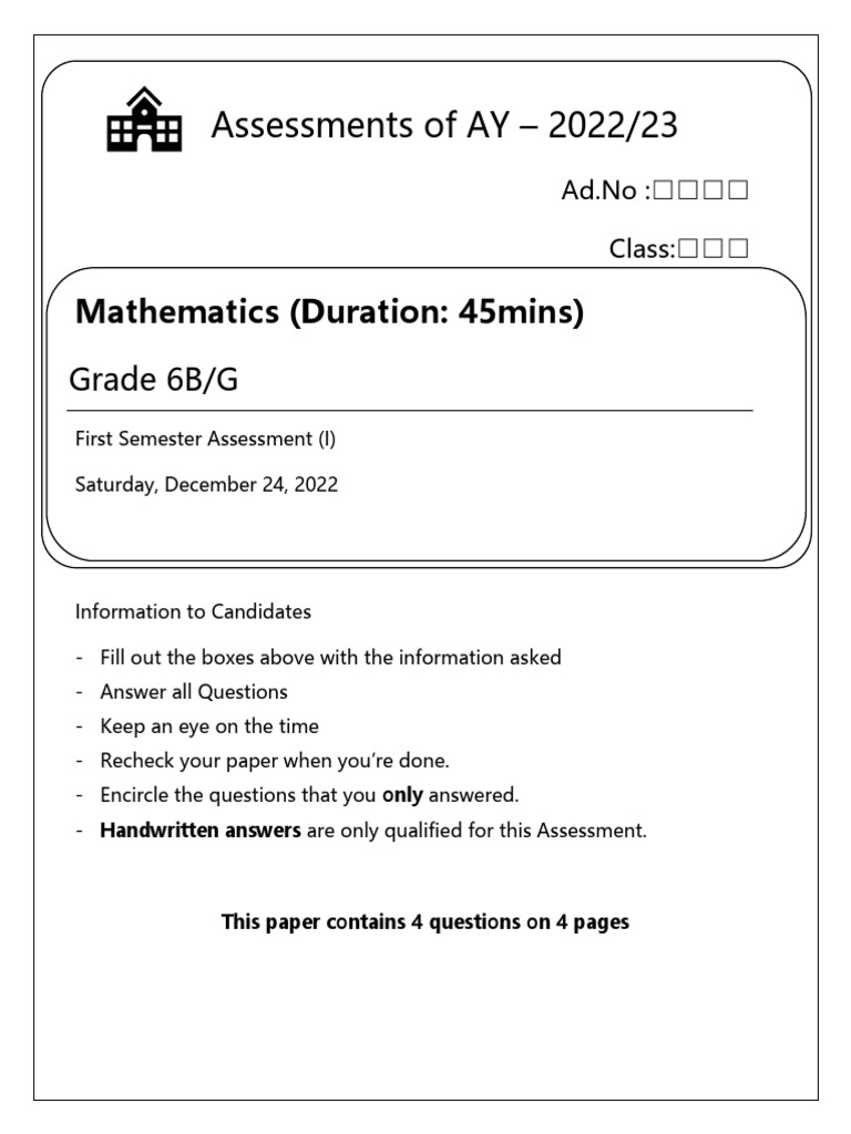 Grade 6B Mathematics Assessment 2022 | PDF