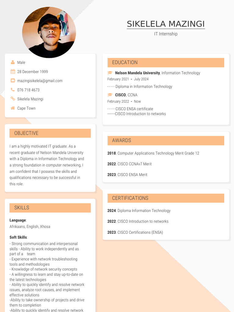 Sikelela Mazingi CV IT Intern | PDF | Cisco Certifications | Computer Networking
