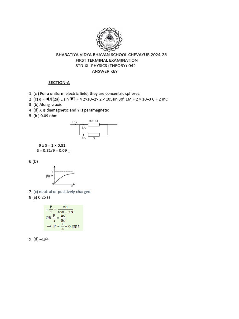 BHAVAN SCHOOL STD-XII PHYSICS ANSWER KEY | PDF | Electrical Resistivity And Conductivity ...