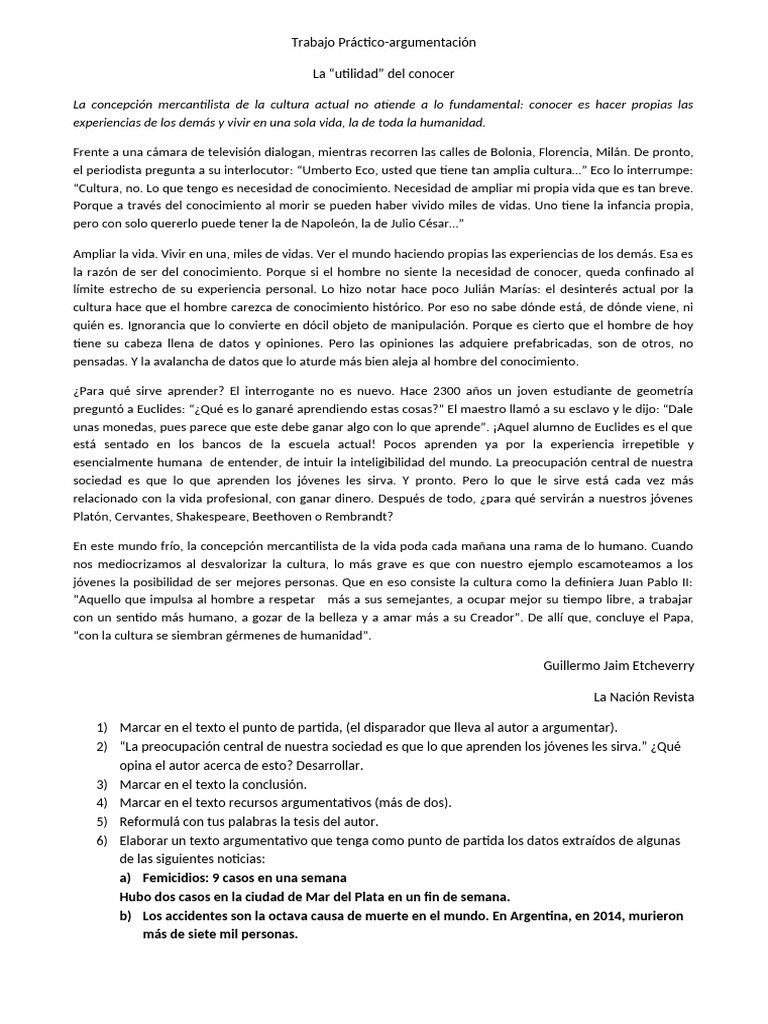 La Utilidad Del Conocer-Texto Argumentativo | PDF | Conocimiento