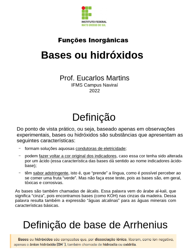 Química 1 - Aula 9 - Funções Inorgânicas - Bases | PDF