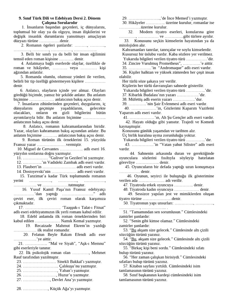 9.sınıf Türk Dili Ve Edebiyatı 2.dönem 2.yazılı Çalışma Soruları 3 | PDF