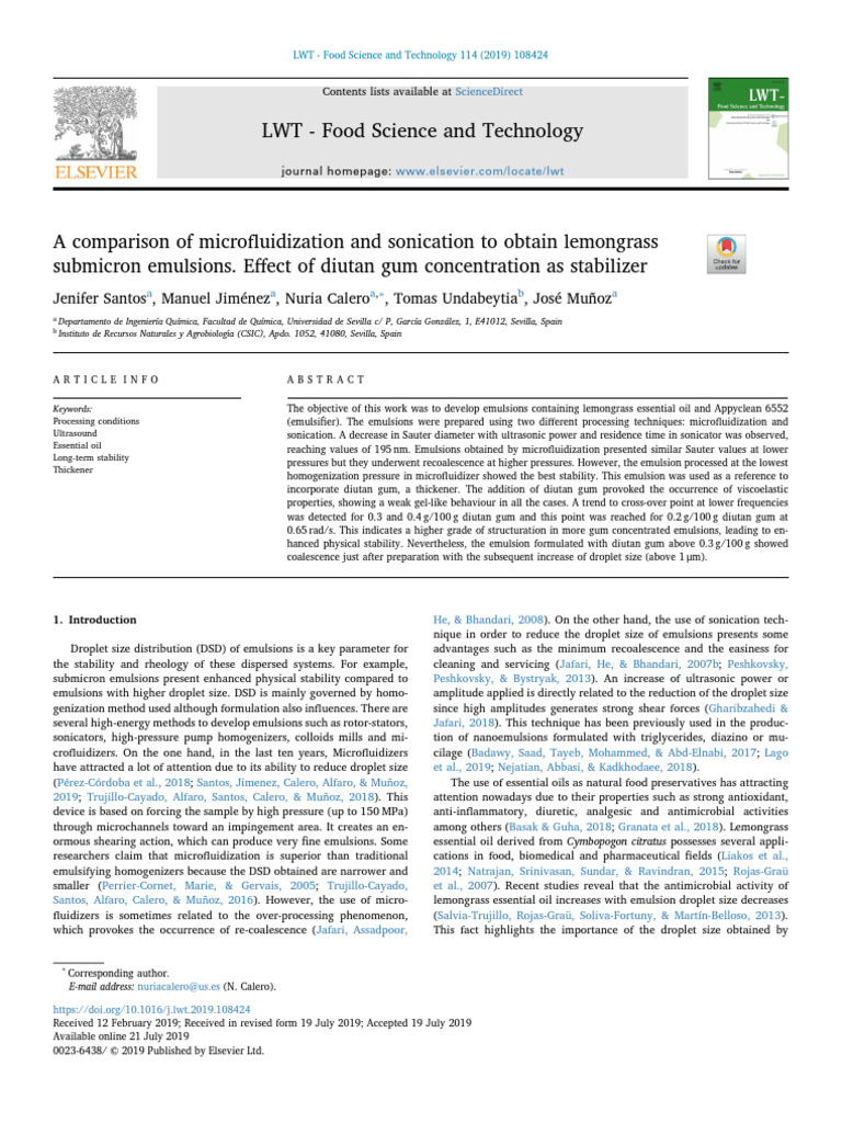 A Comparison of Microfluidization and Sonication To Obtain Lemongrass ...