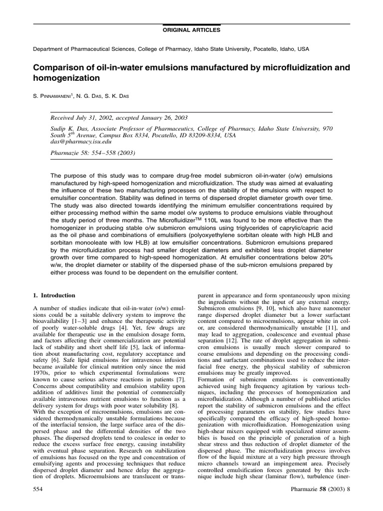 Comparison of Oil-In-Water Emulsions Manufactured by Microfluidization ...