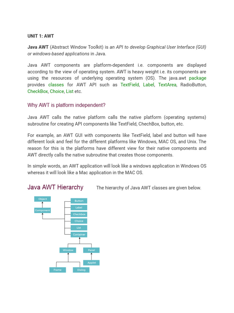 Unit 1 - AWT (ABSTRACT WINDOW TOOLKIT) | PDF | Graphical User Interfaces | Software Development