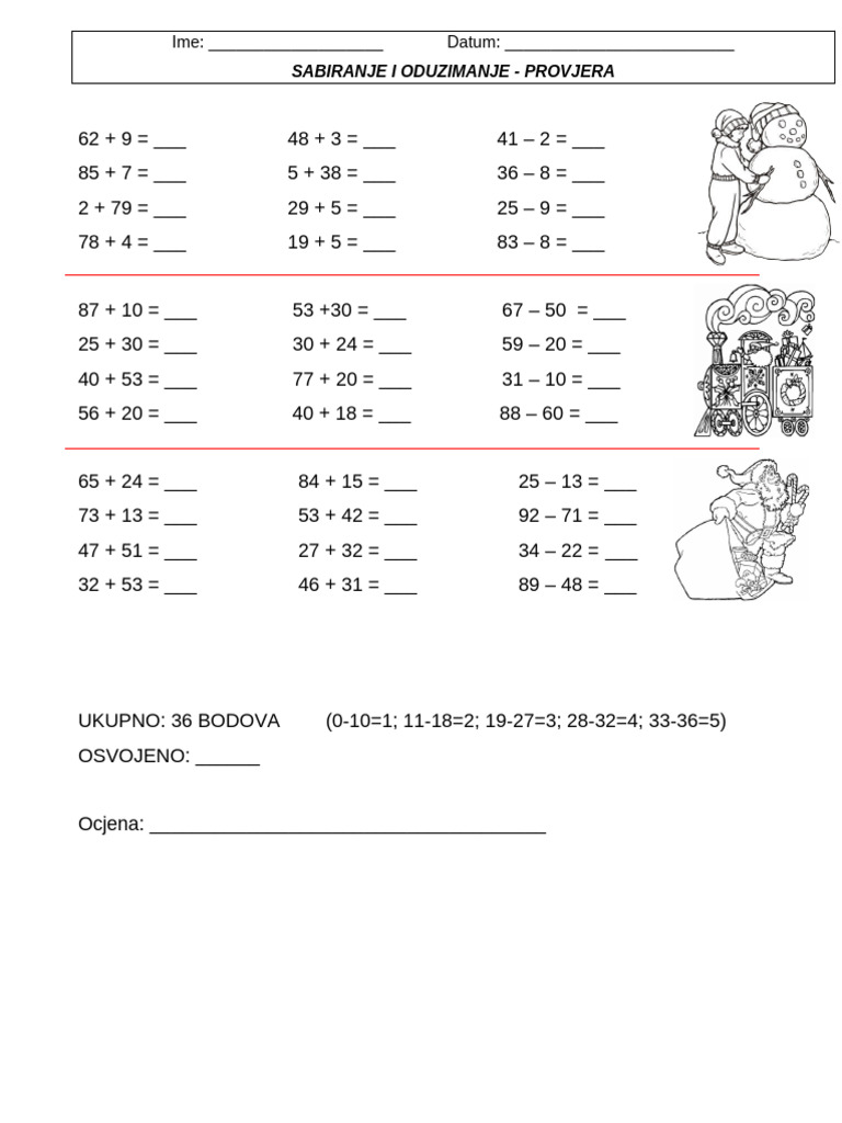 Sabiranje i oduzimanje do 100 provjera | PDF