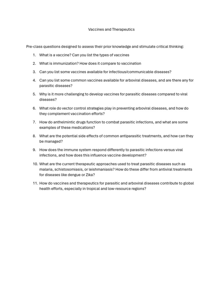 Vaccines and Therapeutics Preclass Discussion Questions | PDF | Wellness