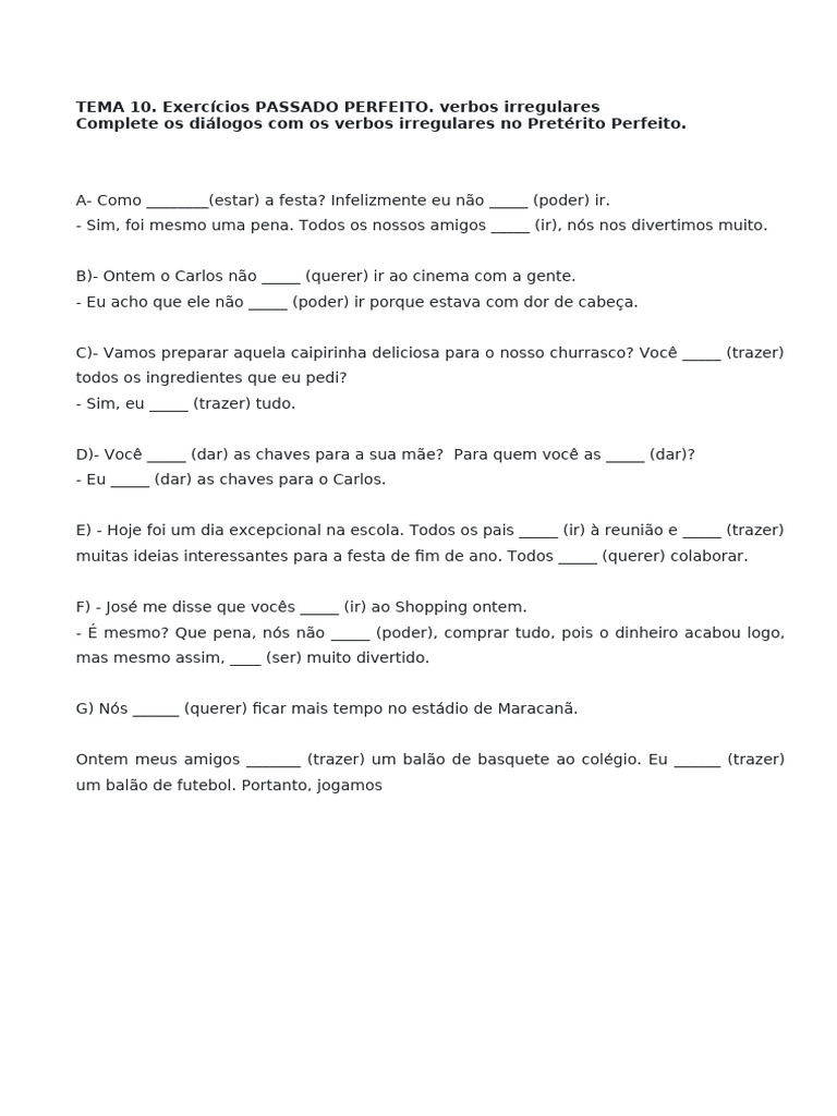 Tema 10-Passado Perfeito-Exercicios Verbos Irregulares | PDF