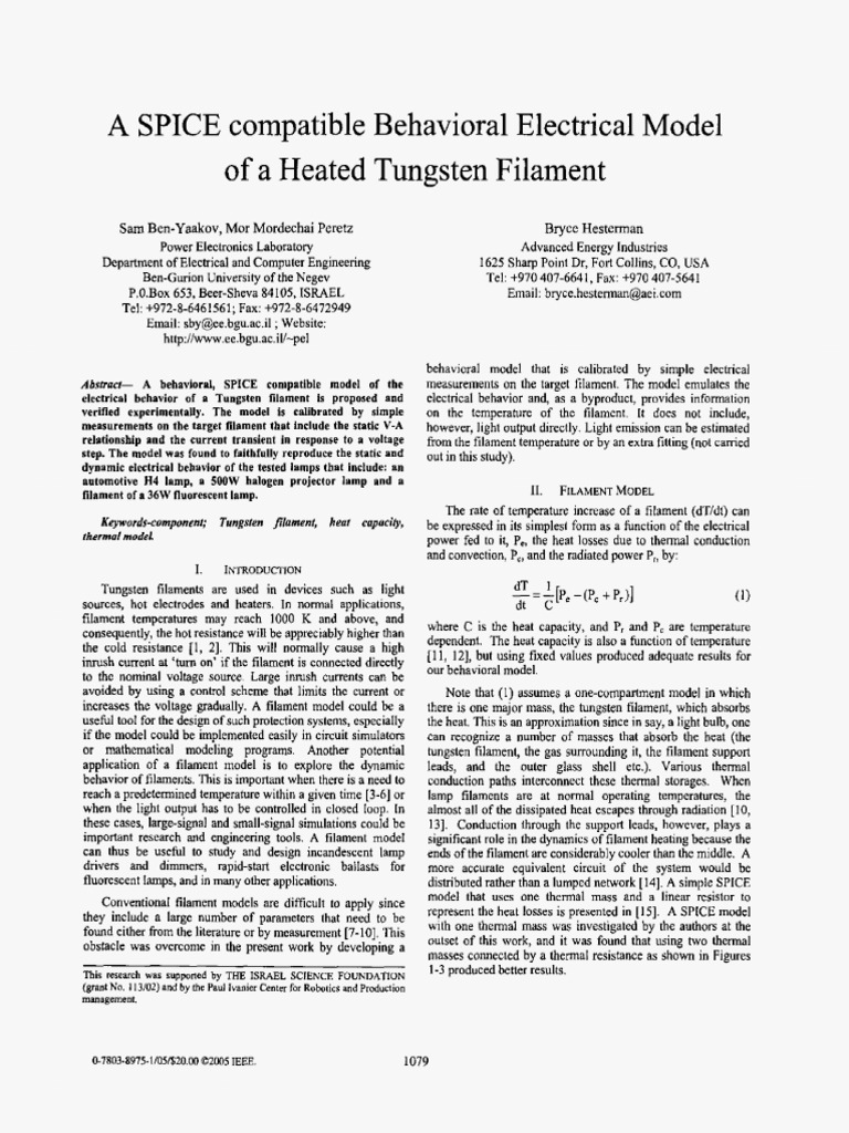 A SPICE Compatible Behavioral Electrical Model of A Heated Tungsten ...