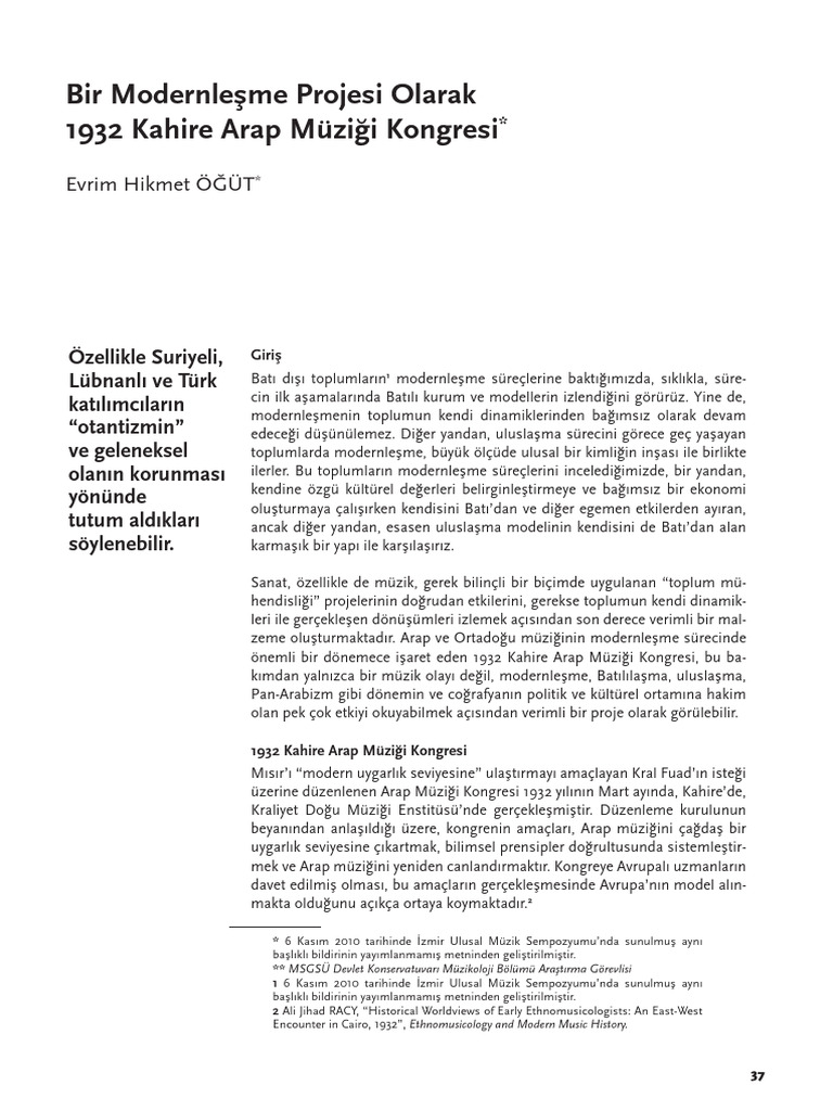 Evrim Hikmet Öğüt - Bir Modernleşme Projesi Olarak 1932 Kahire Arap Müziği Kongresi | PDF