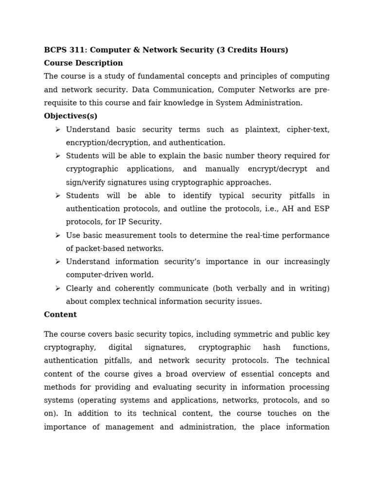 BCPS 311 Computer and Network Security Course Outline | PDF | Cryptography | Encryption