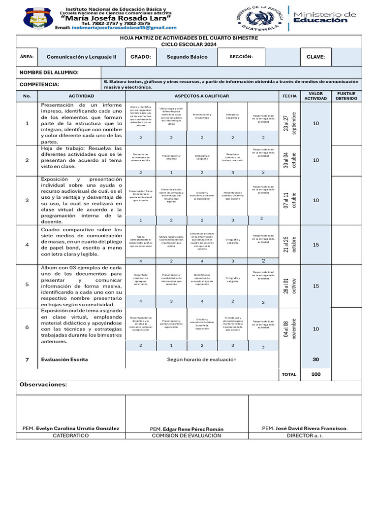 Hoja Matriz IV Bim. Comu. II 2024 - Evelyn Urrutia | PDF | Comunicación ...