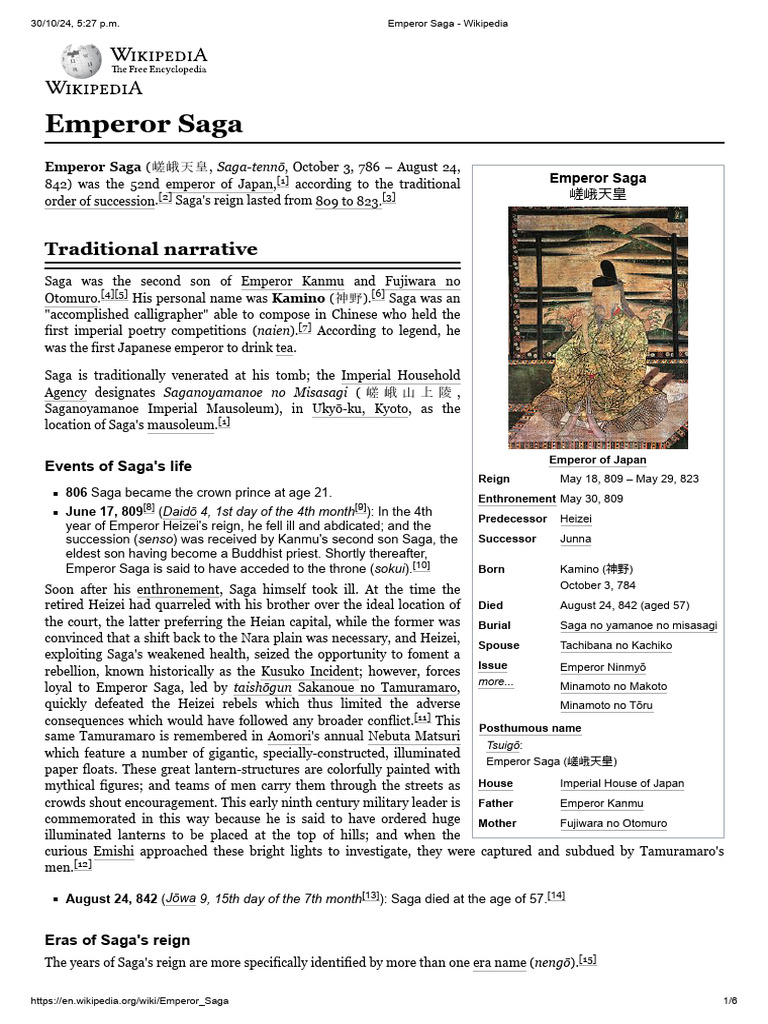 Emperor Saga - Wikipedia | PDF | Japanese People