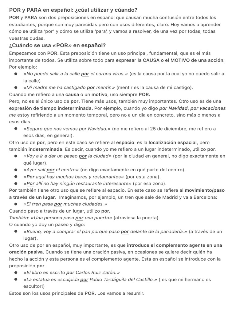 POR y PARA en Español ¿Cúal Utilizar y Cúando | PDF | Artes del ...