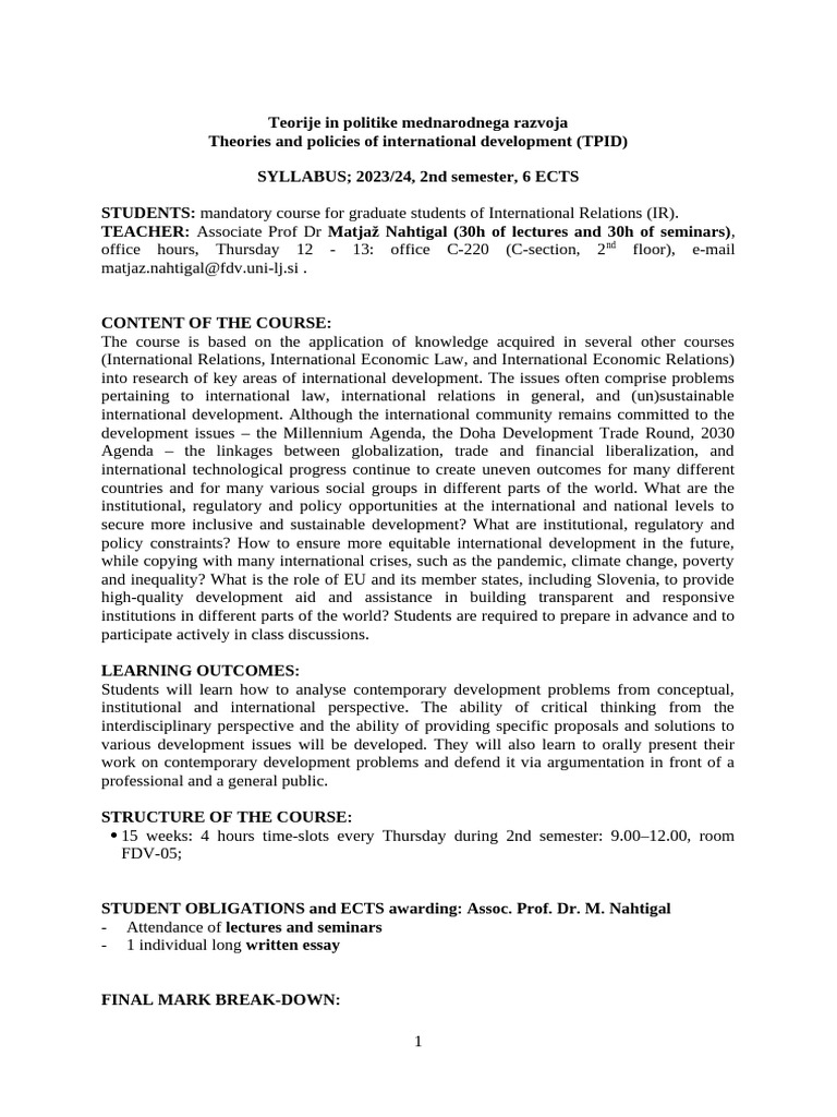 Theories of International Development - Study Plan 2024 | PDF ...