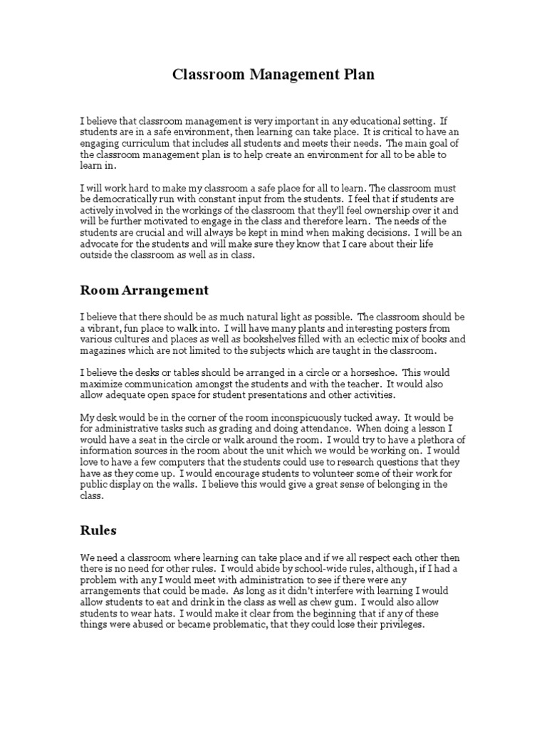 Classroom Management Plan: Room Arrangement | PDF | Classroom ...