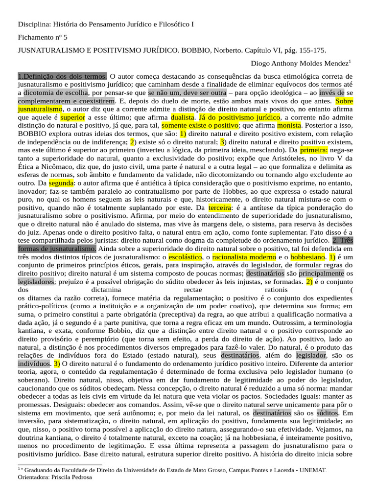 Fichamento 5 - Jusnaturalismo e Positivismo Jurídico, Norberto - Diogo Anthony Moldes Mendez ...