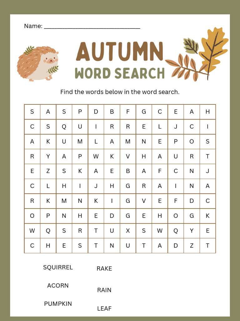 Autumn Word Search Worksheet in Green and Brown Pastel Style | PDF