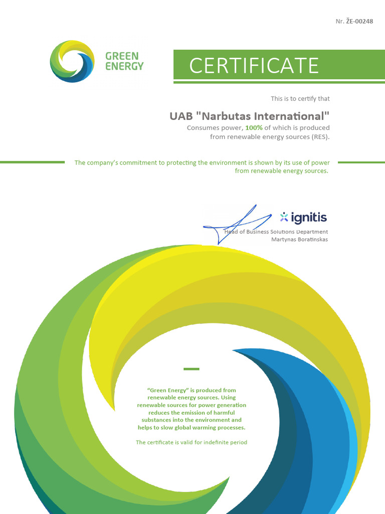 UAB Narbutas International Renewable Energy Certificate | PDF