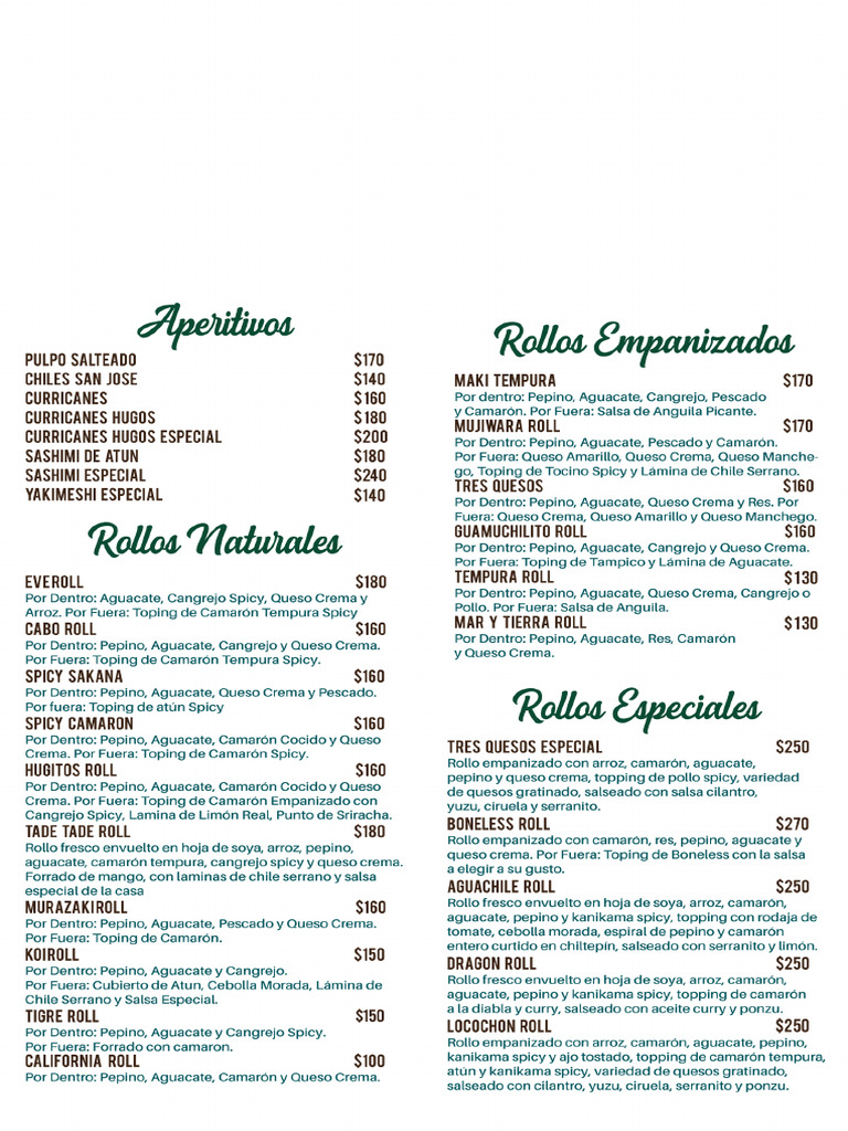 MENU SUSHI - HUGO S Solo Texto2 | PDF | Alimentos | Cocina