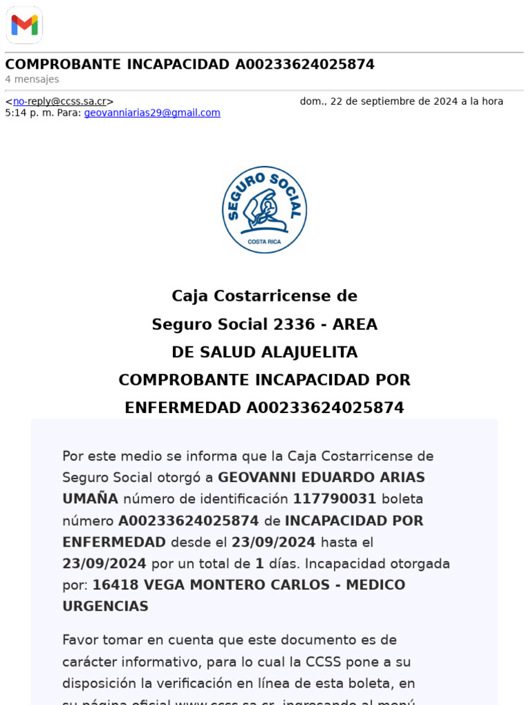 Comprobante Incapacidad CCSS | PDF