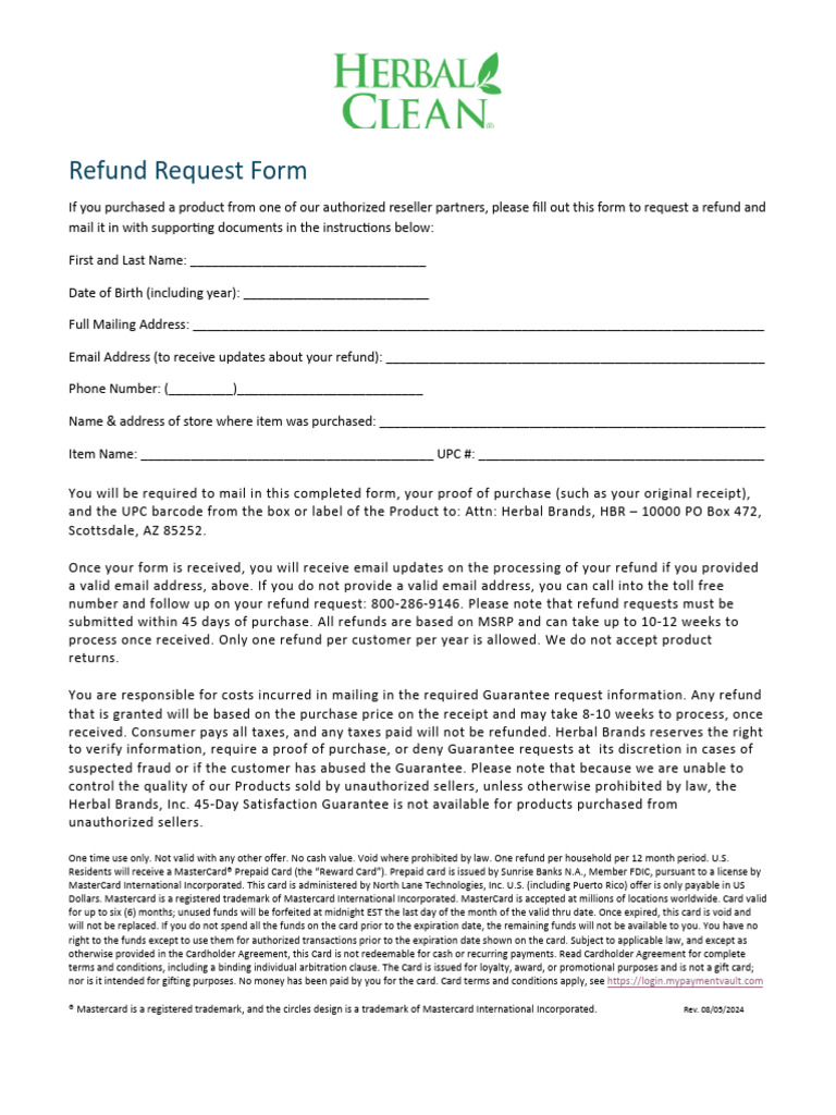Herbal Brands Refund Request Process | PDF | Stored Value Card | Credit ...