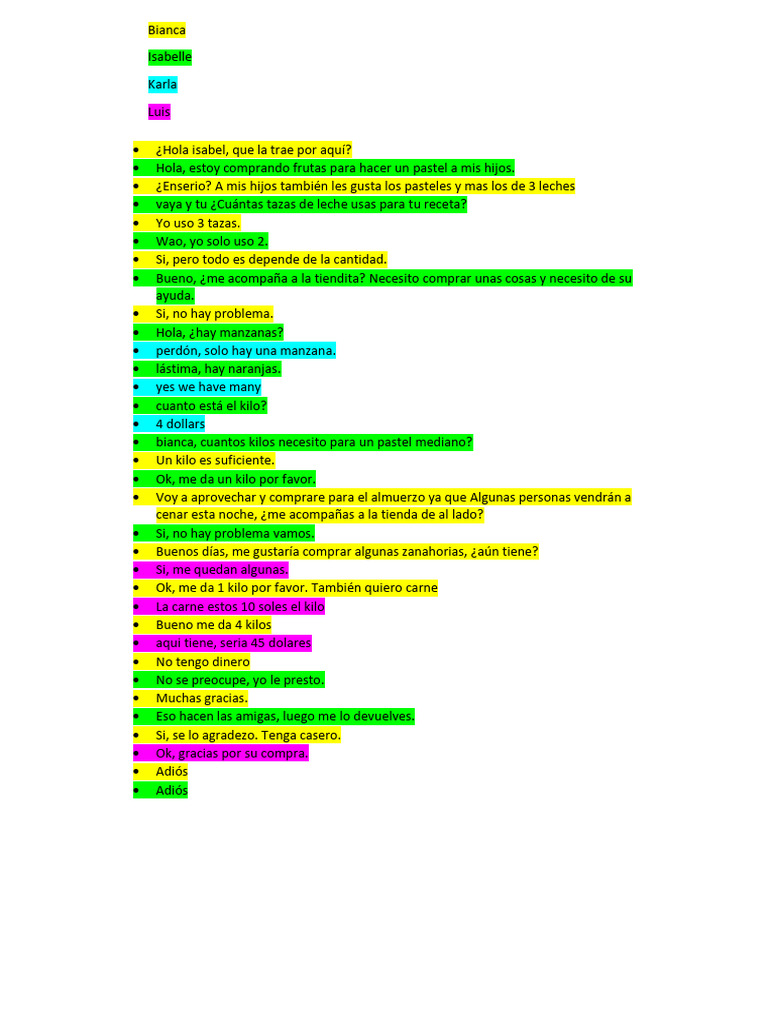 Dialogo en Español | PDF | Cocina, comidas y vino