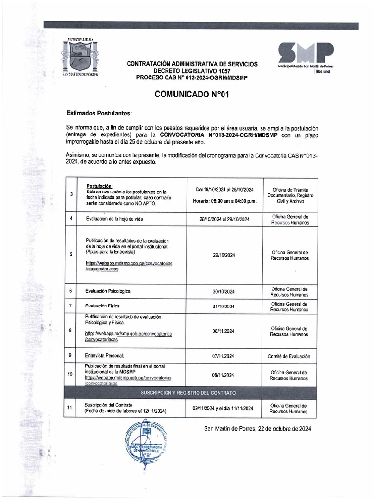 Comunicado N°01 CAS N°013-2024 | PDF