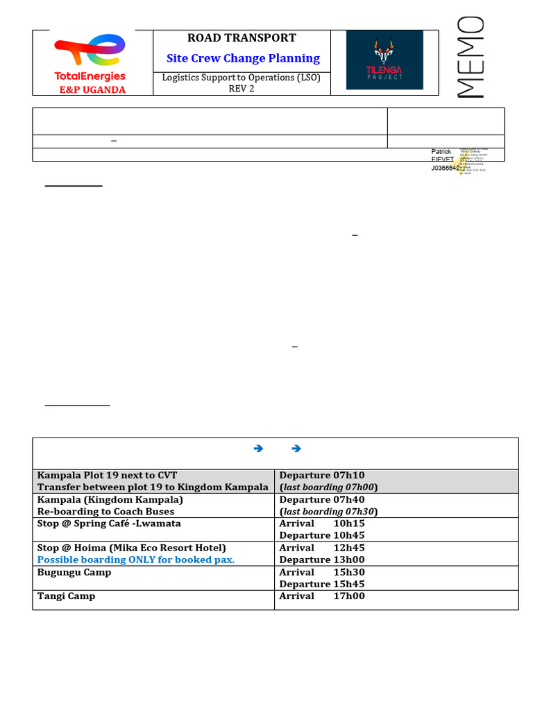 Crew Change Transport Logistics Memo | PDF | Bus | Transport