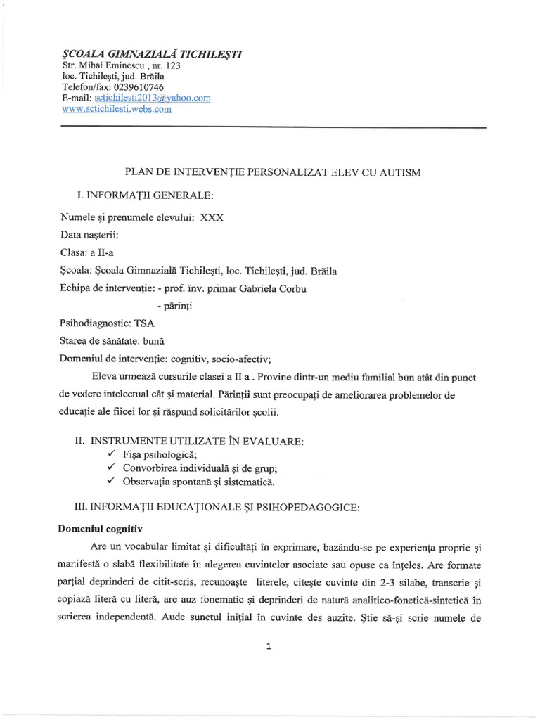 Prof. Invatamant Primar Corbu Gabriela-Plan de Interventie Personalizat Pentru Elev Cu Autism Si ...