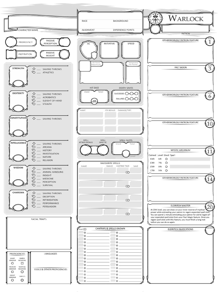 Class Character Sheet Warlock V13 Fillable | PDF