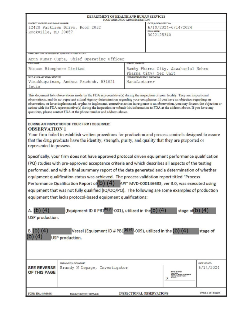 FDA Inspection Report for Biocon Biosphere | PDF | Food And Drug ...