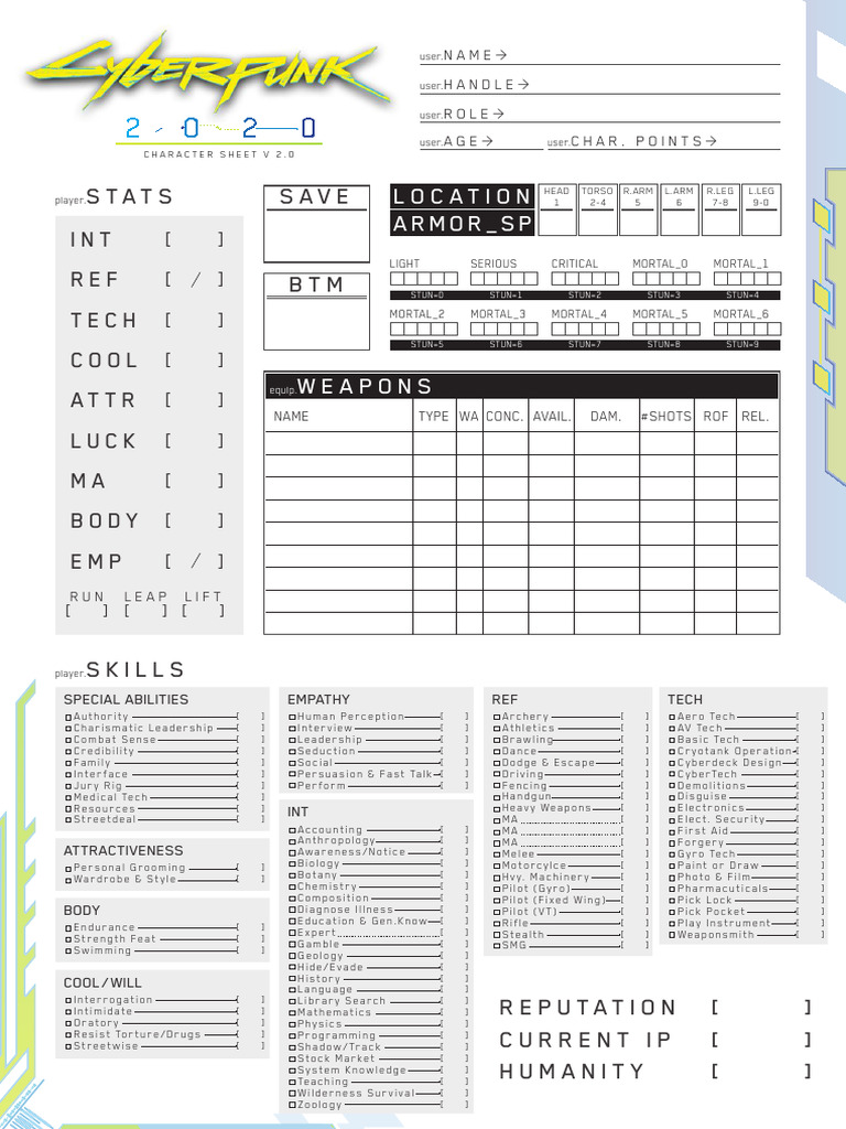 Cyberpunk 2020 Character Sheet v2.0 | PDF