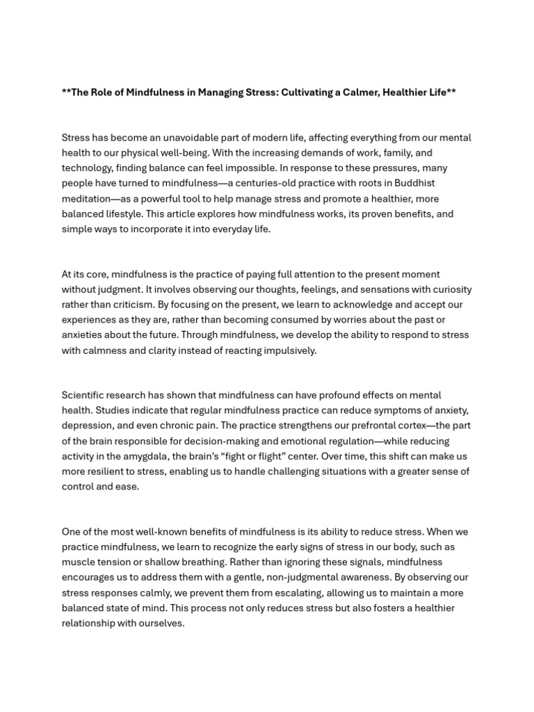 The Role of Mindfulness in Managing Stress | PDF | Mindfulness | Stress ...