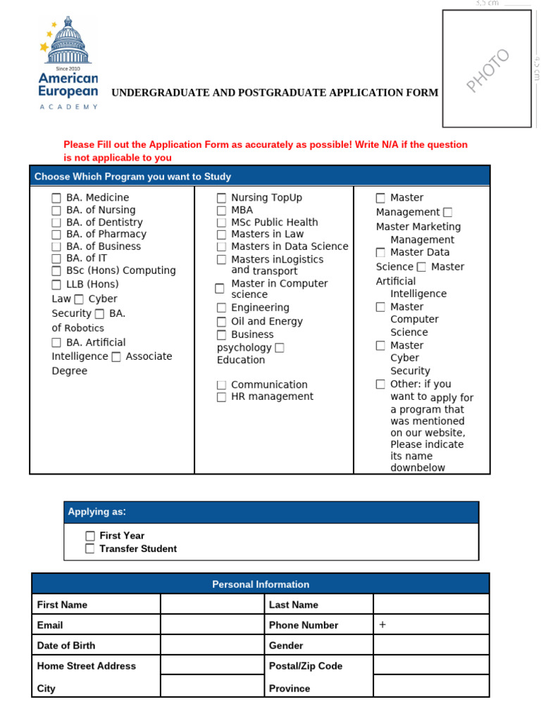 Undergraduate and Postgraduate Application Form (Aea) | PDF | Bachelor's Degree | Educational Stages