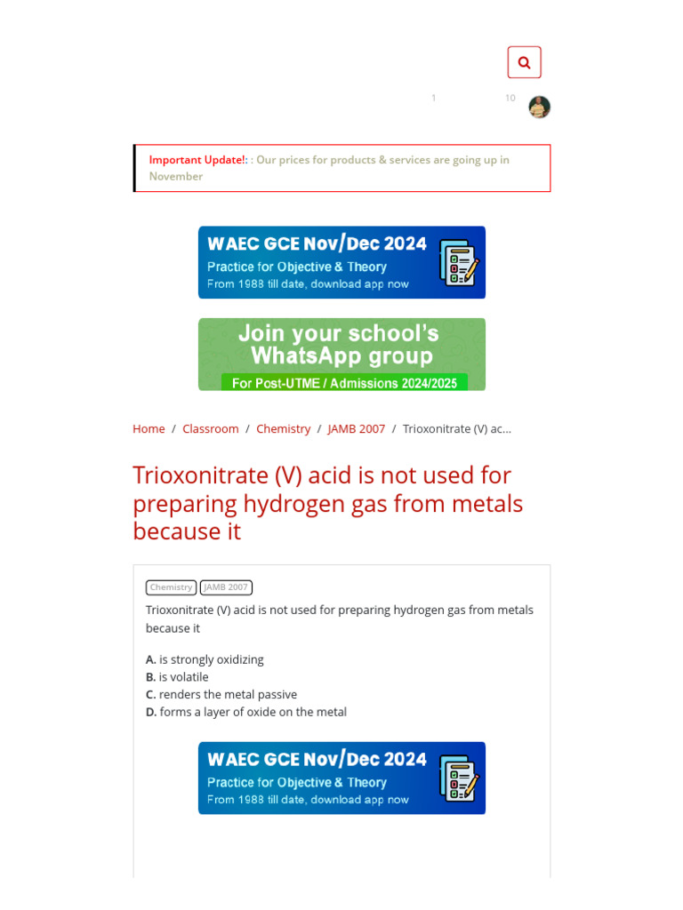 Trioxonitrate (V) Acid Is Not Used For Preparing Hydrogen Gas From ...