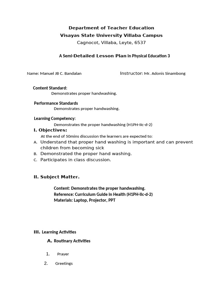 A4s-Semi-Detailed-Lesson-Plan-Format-BEEd-1A-1 JB | PDF | Hand Washing ...
