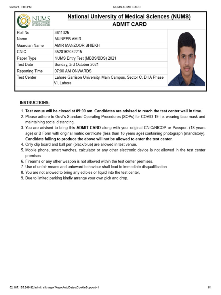 Nums Admit Card | PDF