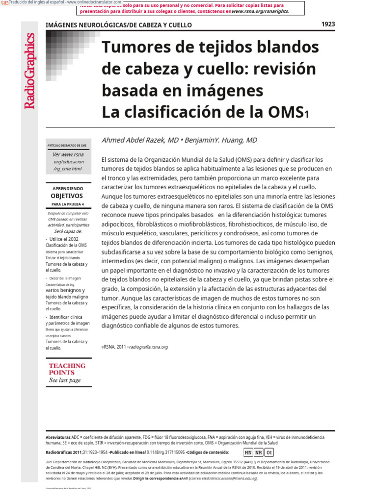 Soft Tissue Tumors of The Head and Neck - Imaging-Based Revidew of The ...