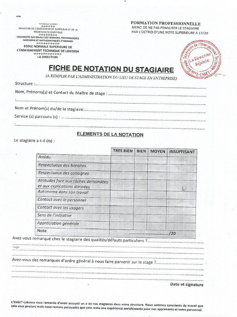 Fiche de Notation de Stage | PDF