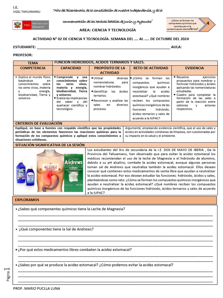 3° SEC. EDA 4 SEMANA 2 CYT Explica 2024 Función Hidróxido y Ácidos Ternarios OK | PDF | Ácido ...