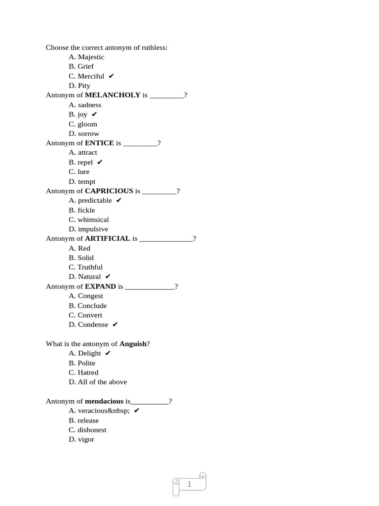ANTONYMS PAKMCQS | PDF | Grammar | Interpretation (Philosophy)
