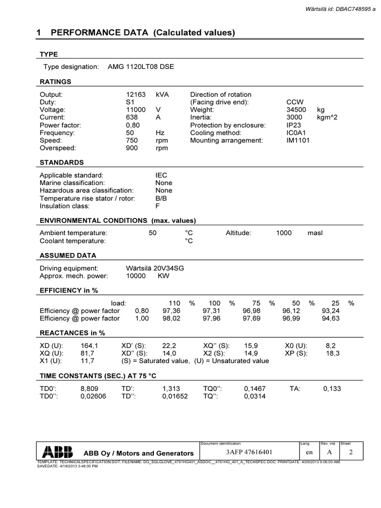 ABB AMG 1120 Generator Specifications | PDF | Electric Power | Electricity