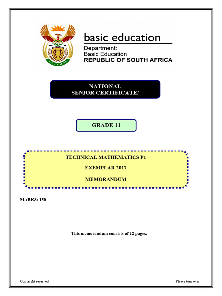 Technical Mathematics P1 Exemplar GR 11 2017 Memo Eng | PDF ...