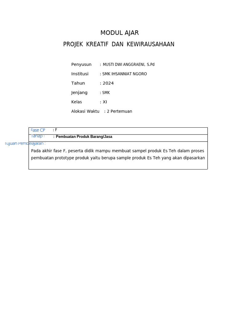 1.2 Modul Ajar PKK Pembuatan Prototype Produk Kelas XI DPB New | PDF