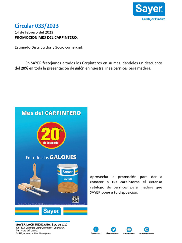 Circular 033-2023 Sayer PROMO MES DEL CARPINTERO | PDF | marrón | Tecnicas artisticas