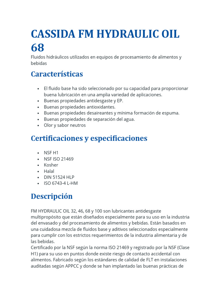 Cassida FM Hydraulic Oil 68 | PDF | Cocina, comidas y vino | Hogar, jardinería y bricolaje