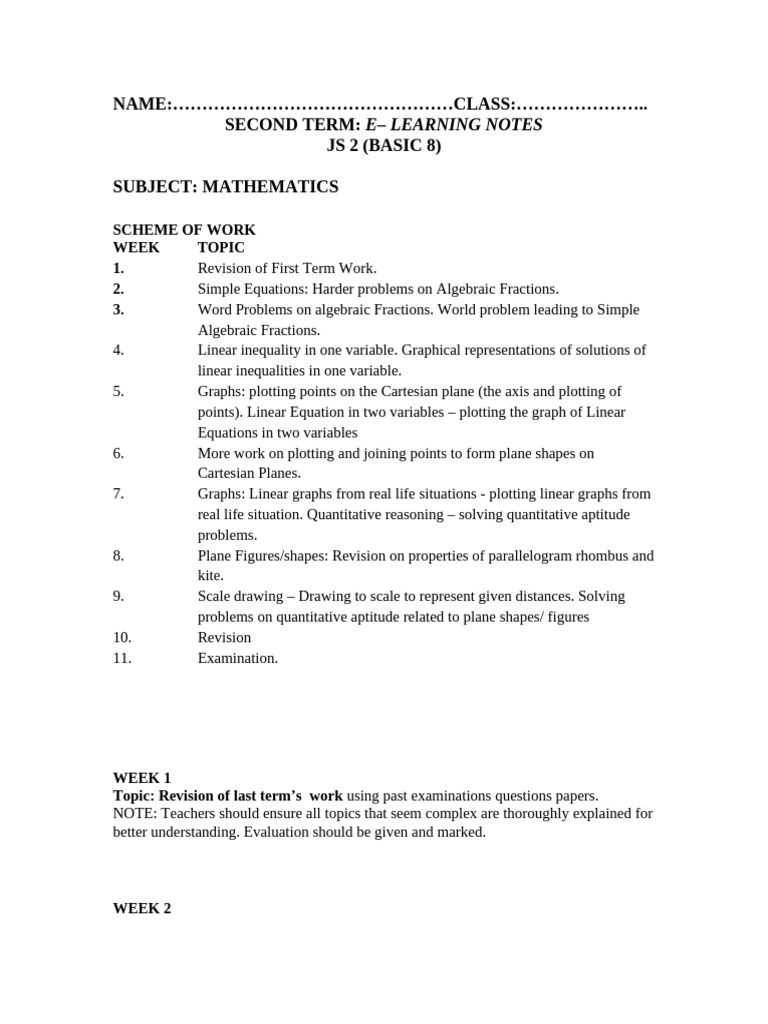 2ND Term JS 2 Mathematics | PDF | Cartesian Coordinate System | Line ...