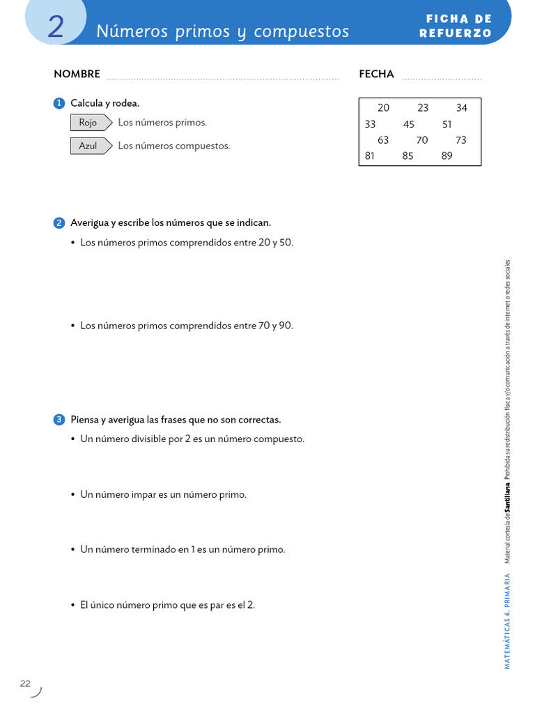 Refuerzo Números Primos y Compuestos | PDF