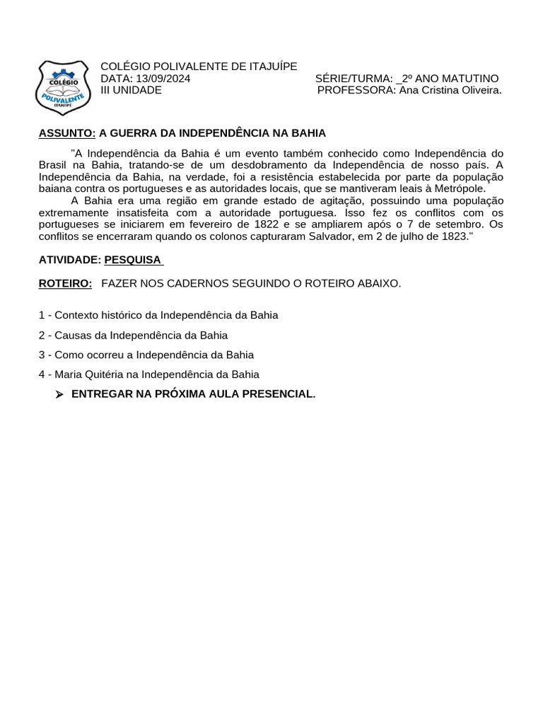 Independência Da Bahia 2 Ano | PDF